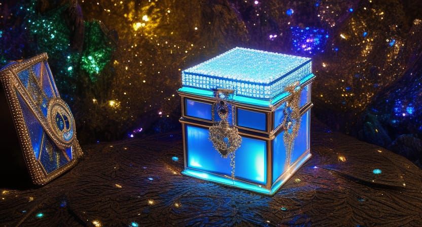 A shiny realistic epic Open Pandora's Box, full of jewellery, glowing ...