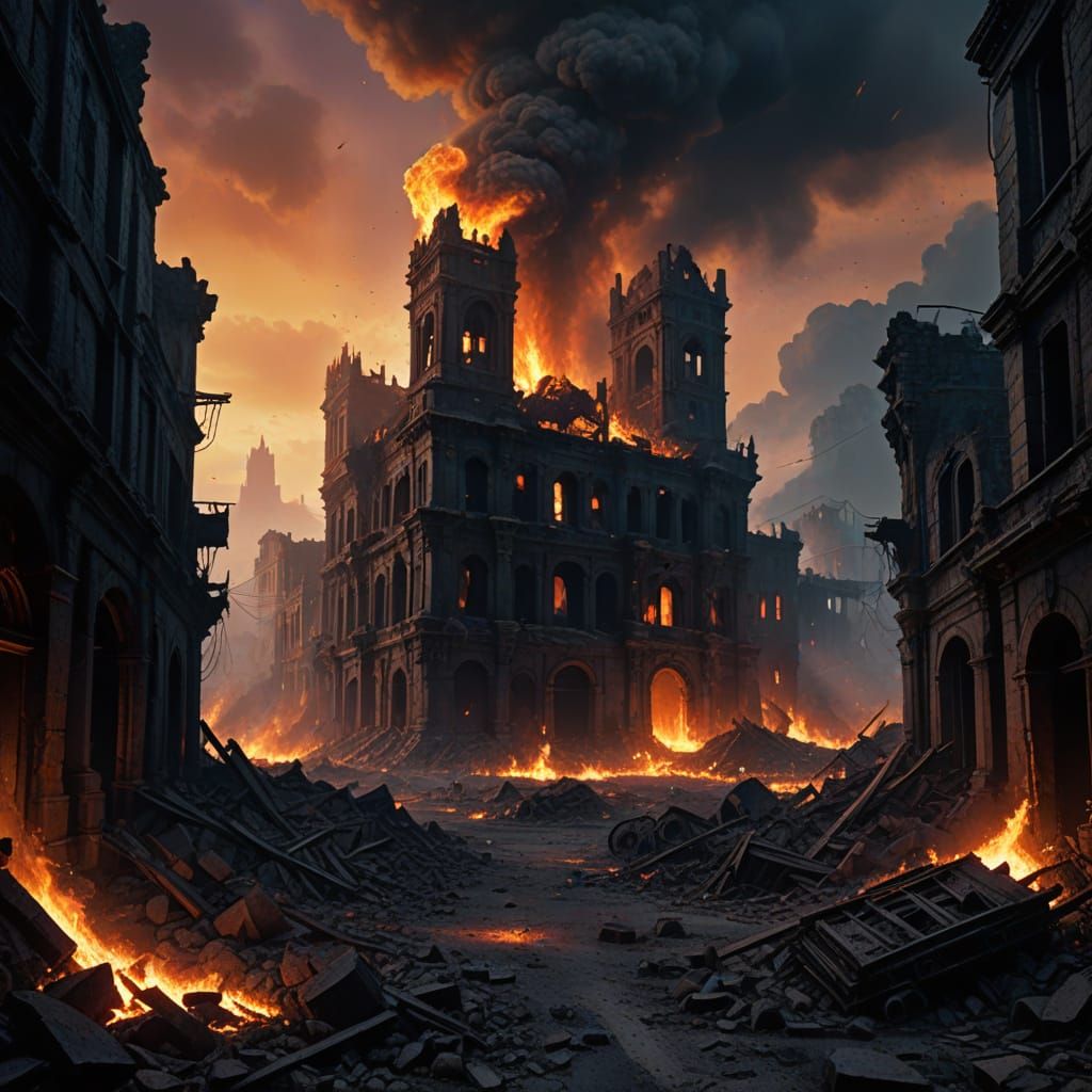 Dramatic Post-Apocalyptic Cityscape in Fiery Ruin - AI Art