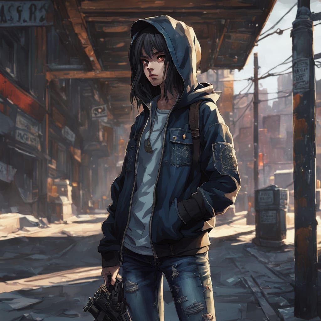 Dark Anime-Inspired Girl Holds Gun in Defiant Stan... - AI Art