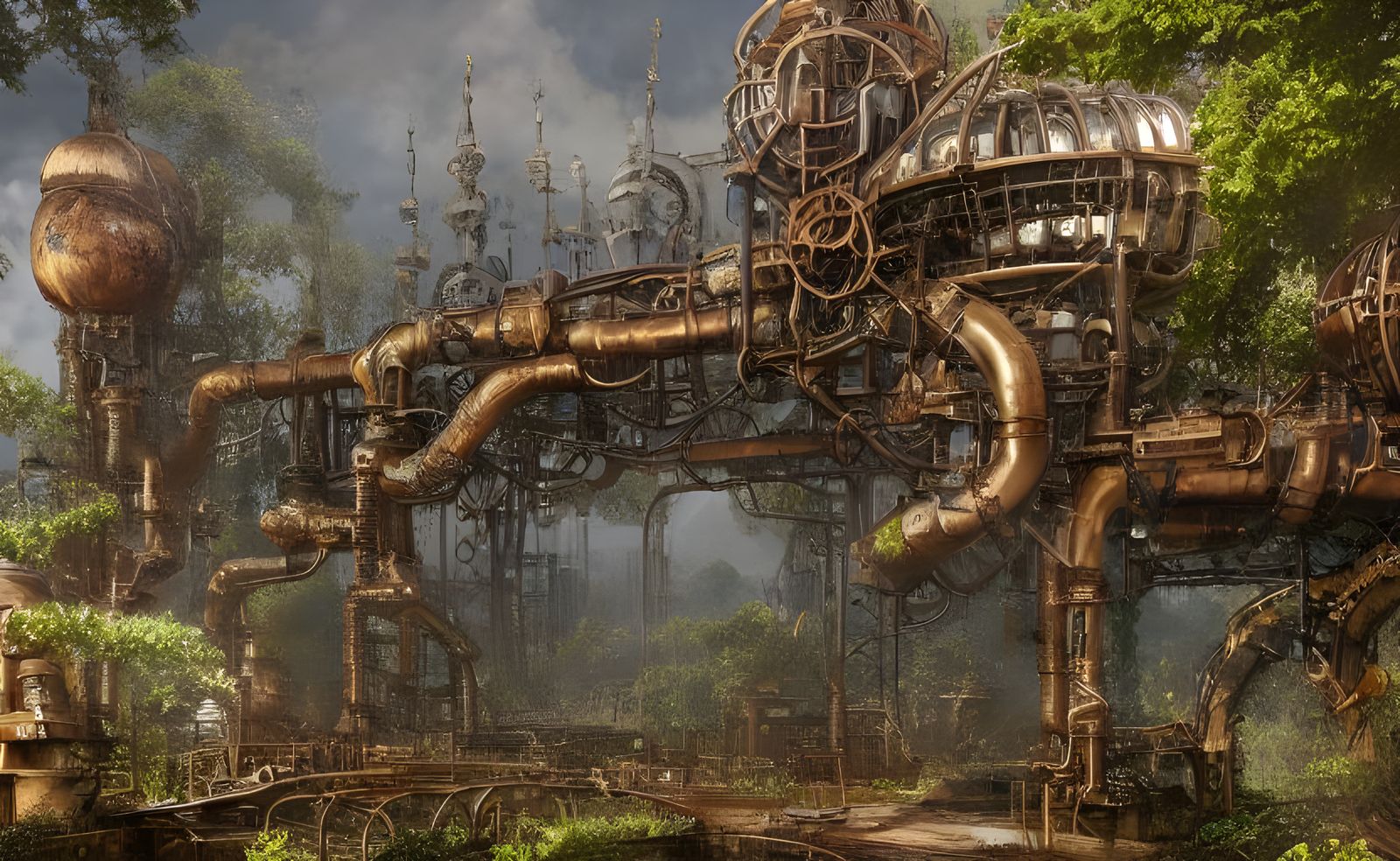 steampunk mega structure made of metal pipes growing out of the ground ...