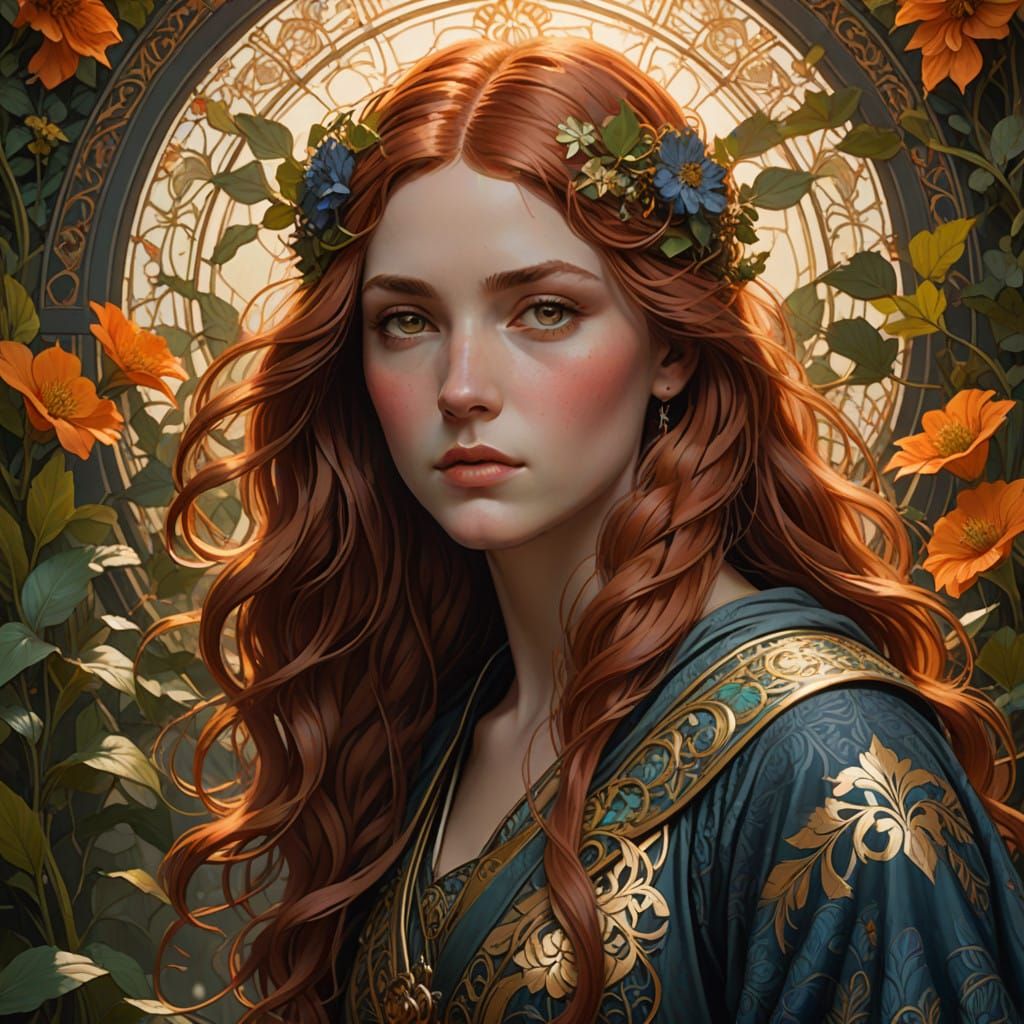 Pre-Raphaelite portrait of a red-haired woman