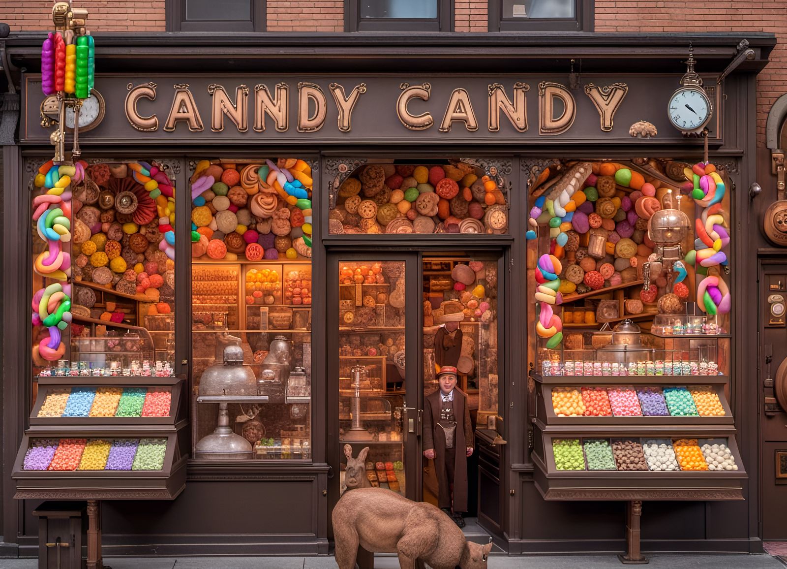 A steampunk candy store with clear glass bowls of multi-colored candies ...