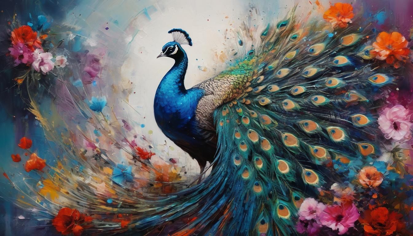 Peacocks - Surreal Epic Peacock Abstract Painting in Vibran...