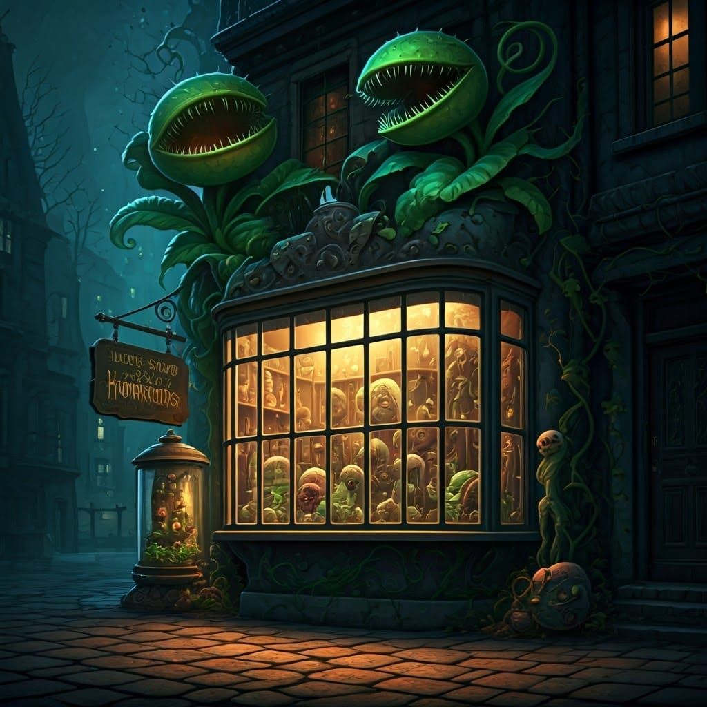 Whimsical Dark Fantasy Shopfront with Monsters and... - AI Art