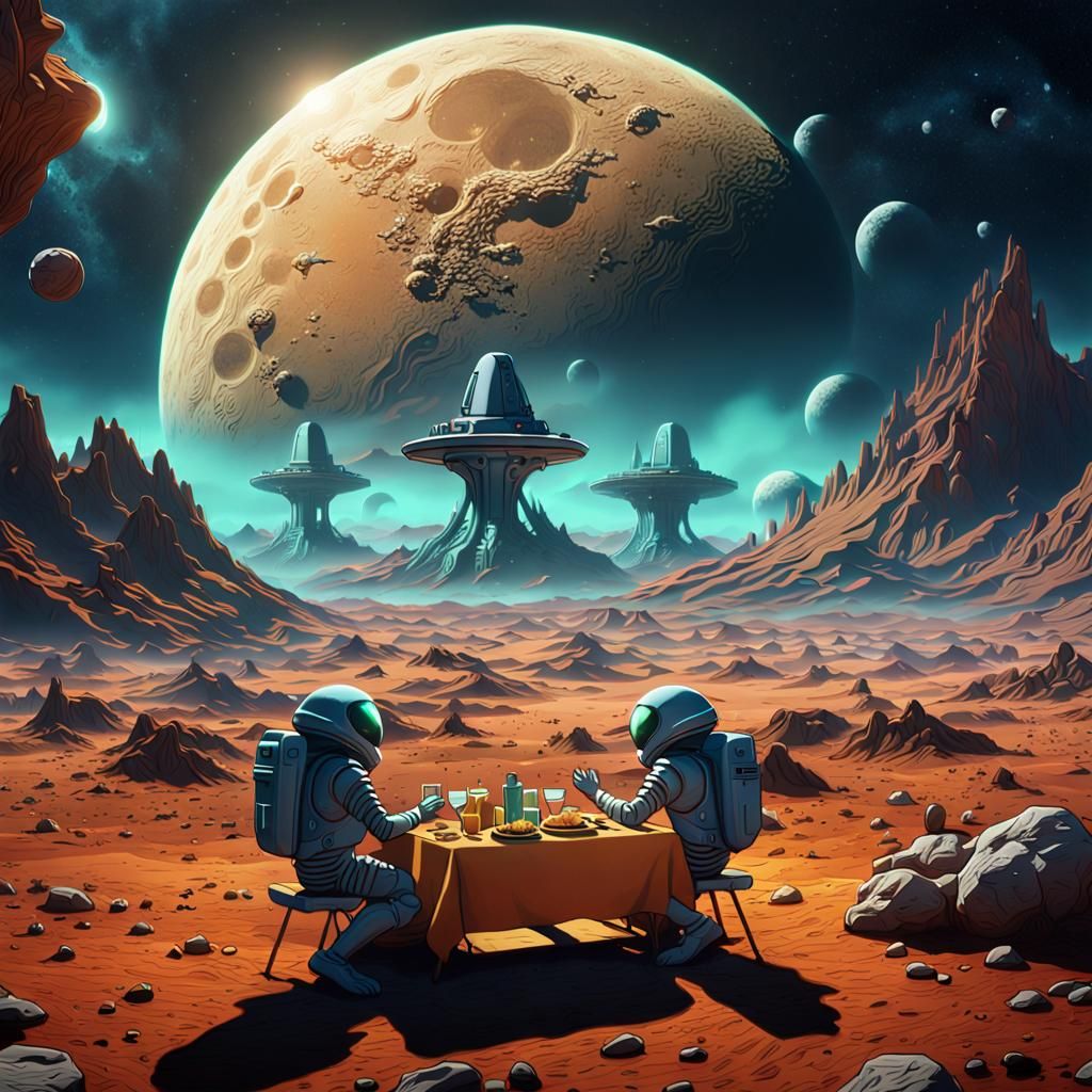 Aliens make a picnic on moon with view on earth detailed matte painting ...