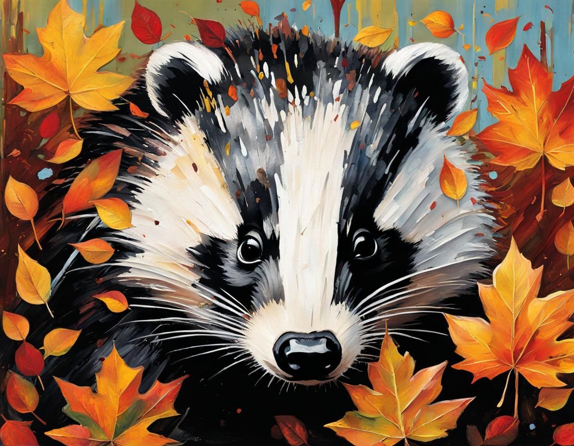 (An impasto painting of beautiful badger animal in autumn leaves forest ...