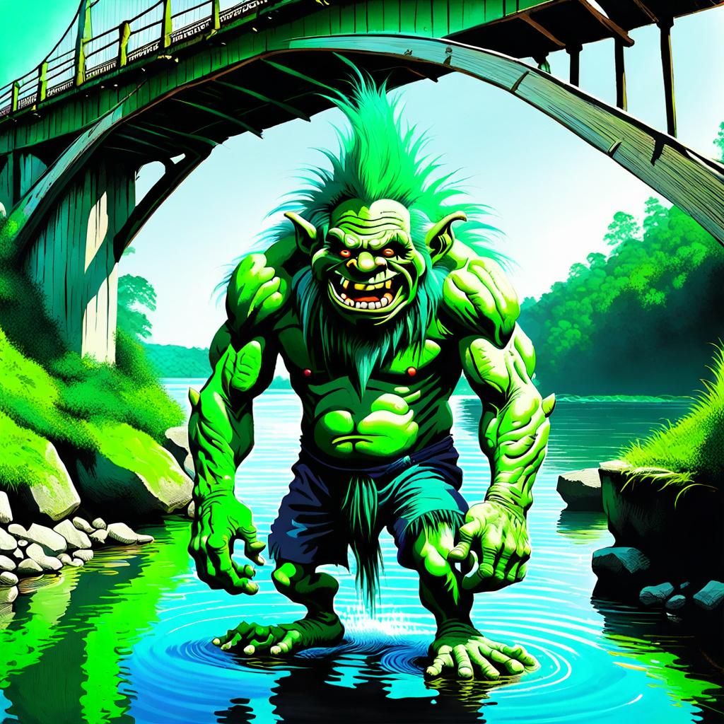 A very scary green troll is standing under a rickety bridge by the water. He is big and ugly and ...