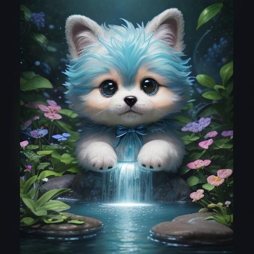 adorable cute chibi baby furry Puppy with a bioluminescent Waterfall in ...