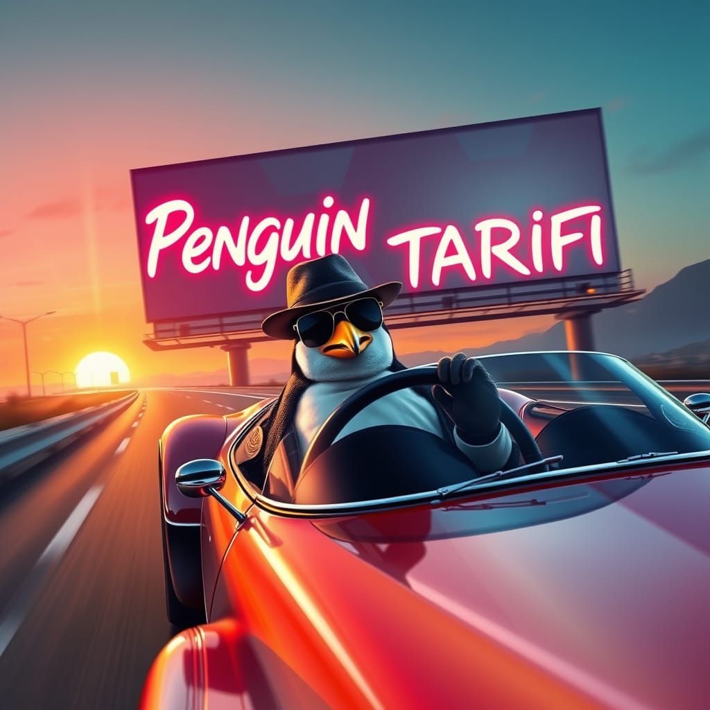 Penguin Speeds Down Futuristic Expressway in Retro... - AI Art
