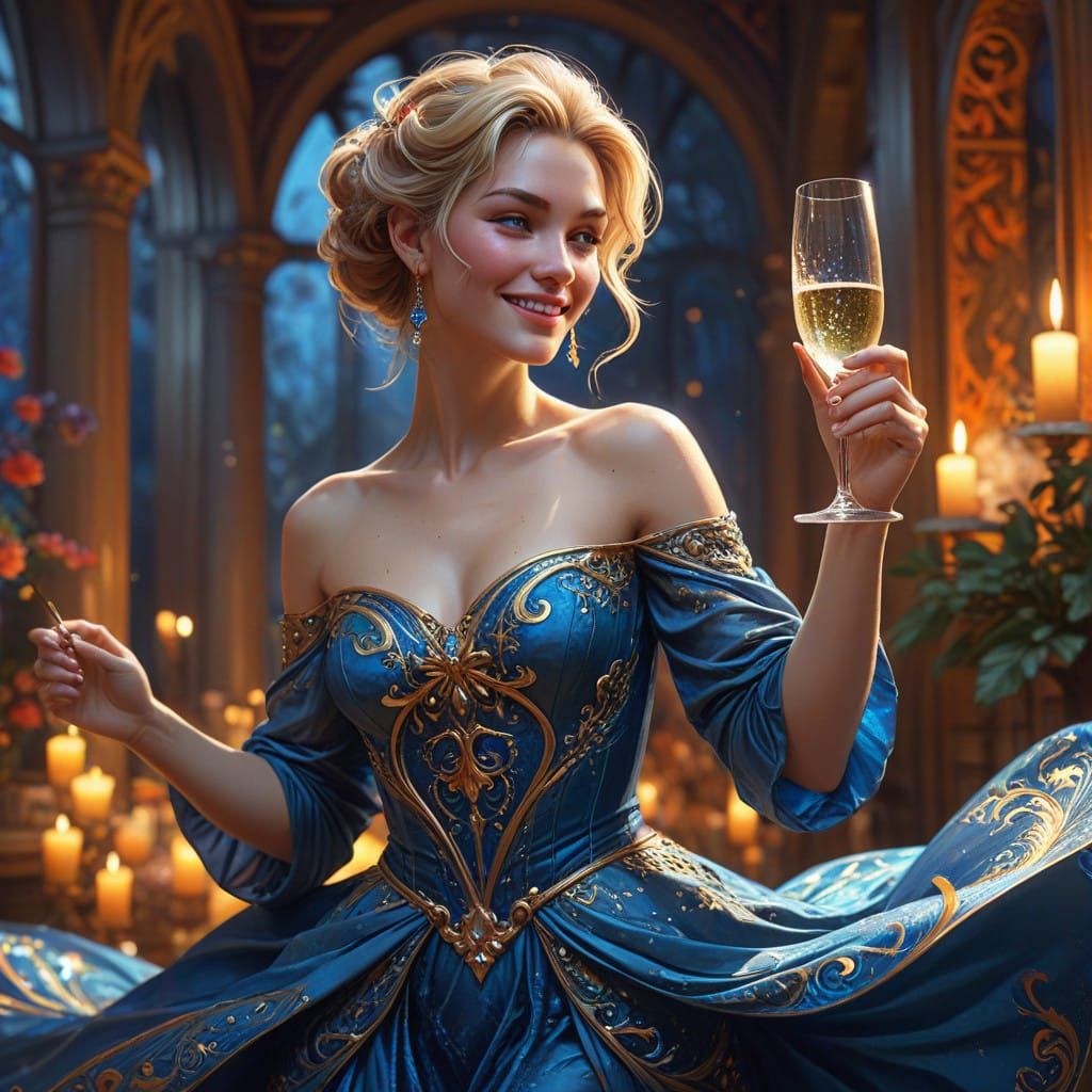 Happy New Year - Elegant Lady in Blue Gown Dances with Joy