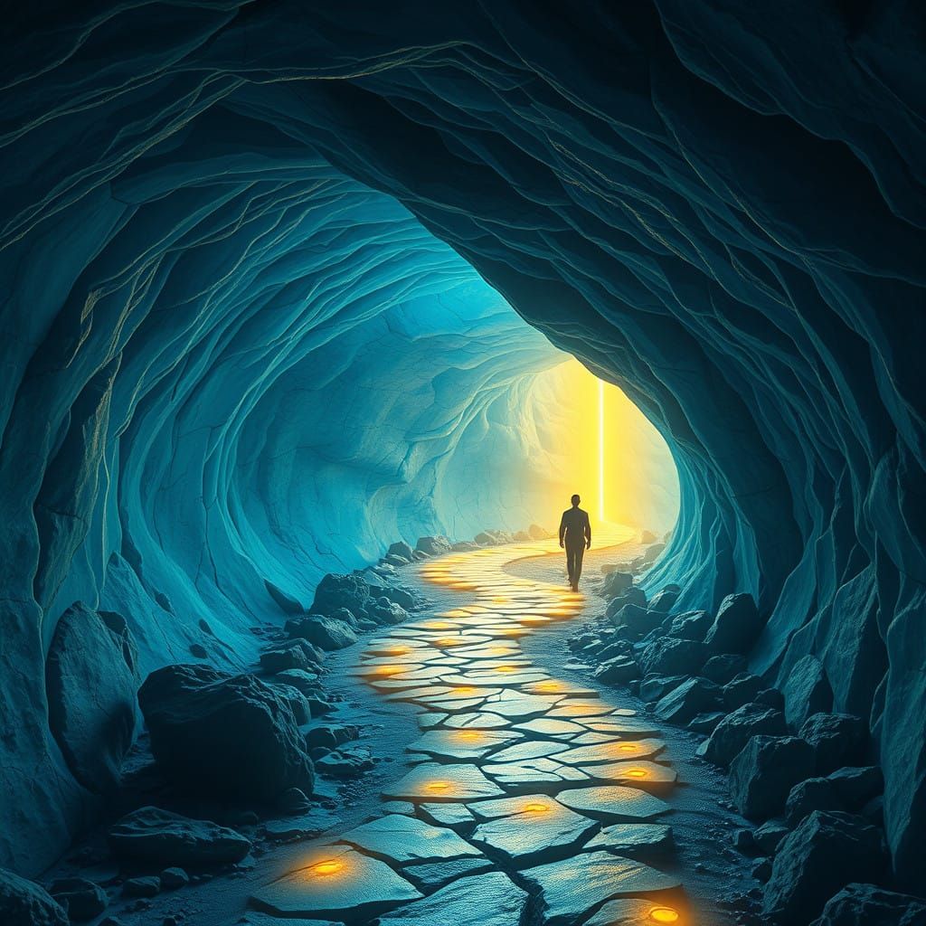 Ethereal Cave Oasis Beckons with Radiant Light - AI Art