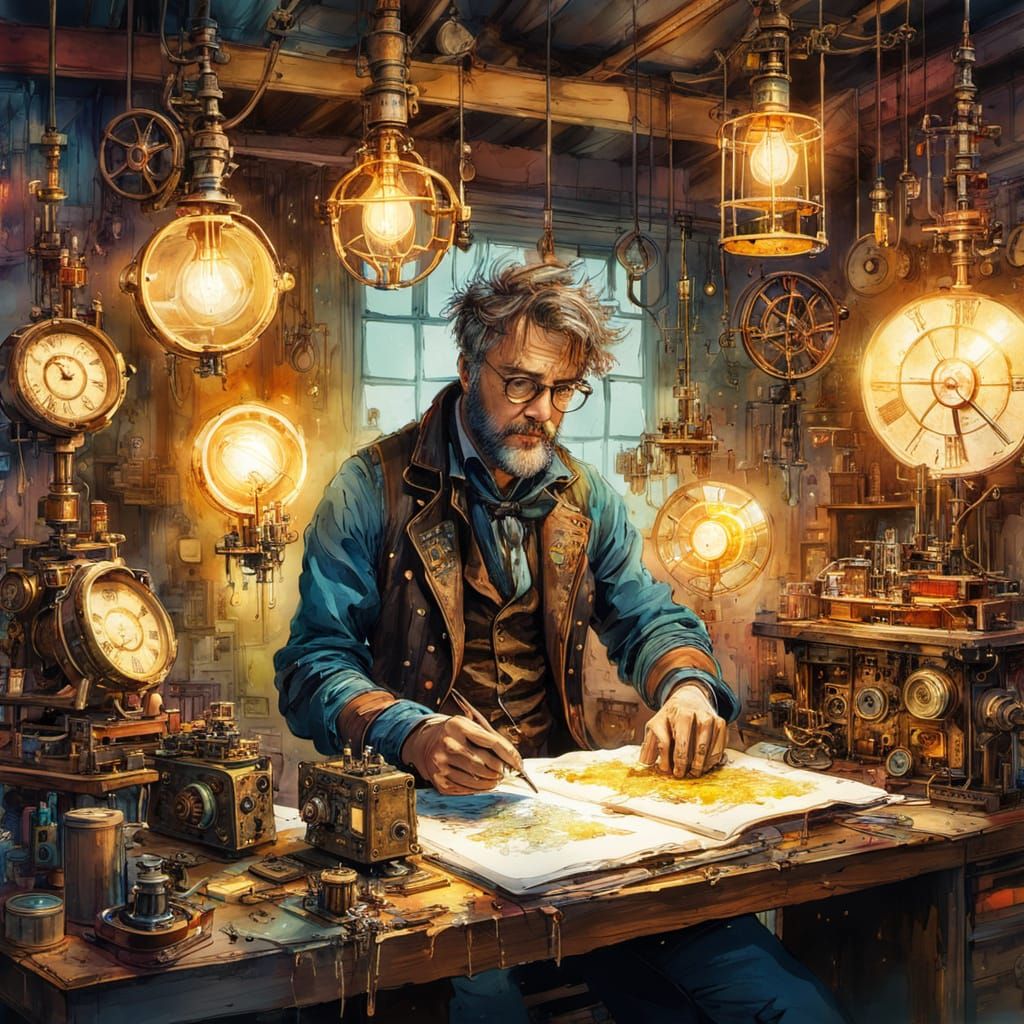 Quirky inventor surrounded by glowing gadgets and floating blueprints ...