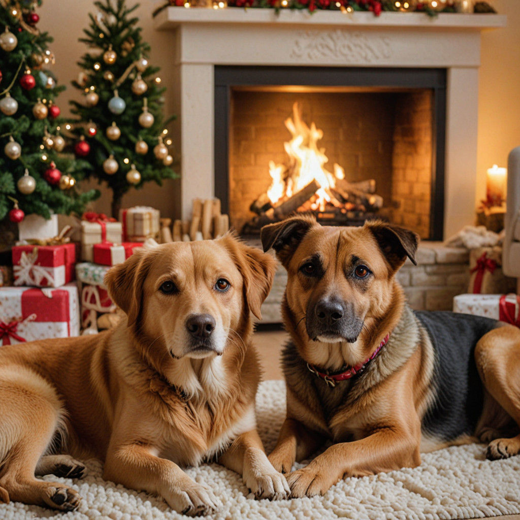 Winter Dogs Surrounded by Crackling Fire and Chris... - AI Art