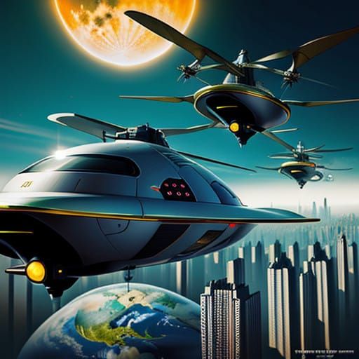 Utopian Solarpunk Cityscape with Flying Vehicles - AI Art