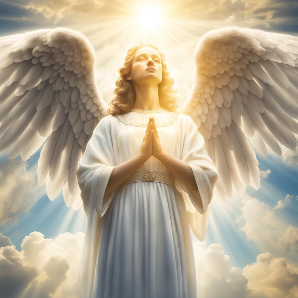 Biblically accurate arch angel praying with a ray of sunlight peeking ...