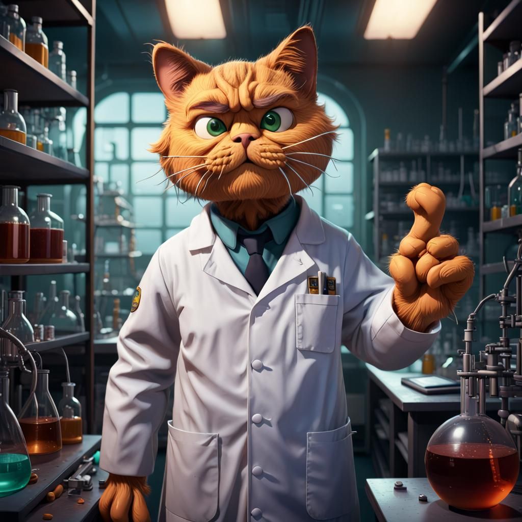Scientist with garfield faced in lab uniform, doing lab - AI Generated ...