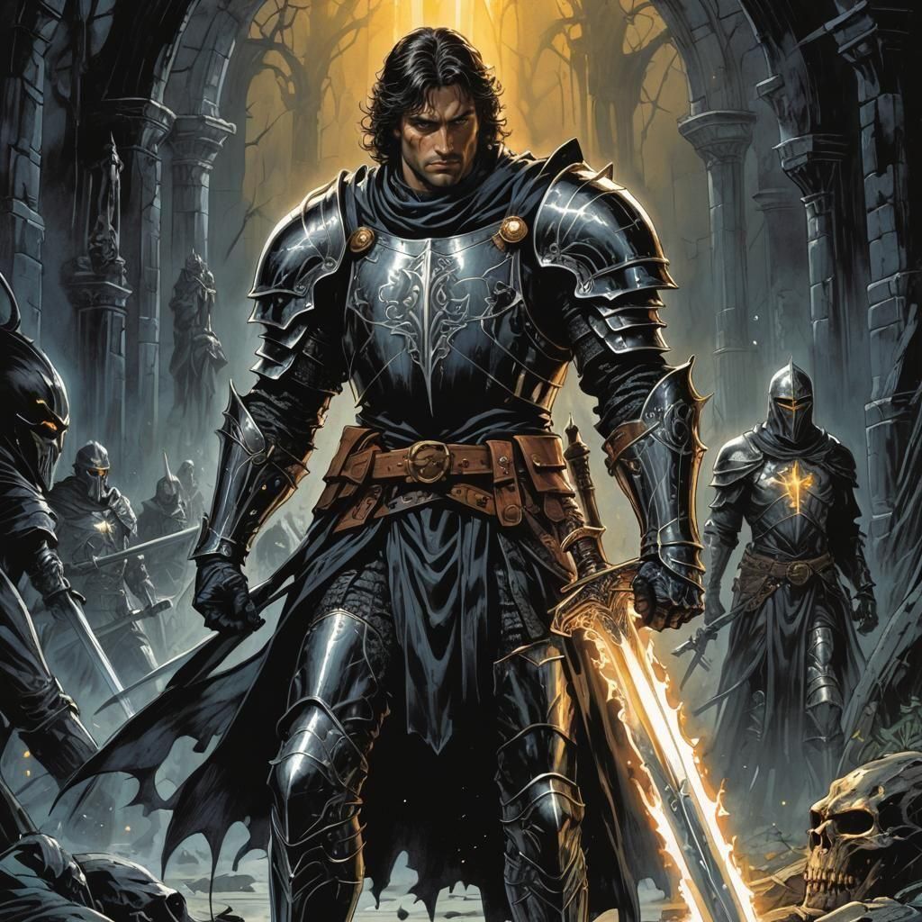 black clothed knight with with glowing great sword, 80's dark fantasy ...