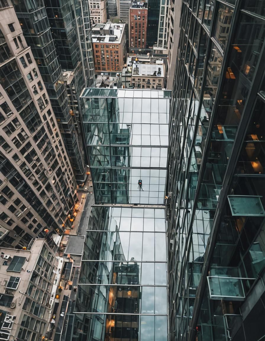 A glass skyscraper, looking down from the roof to see the perfect glass ...