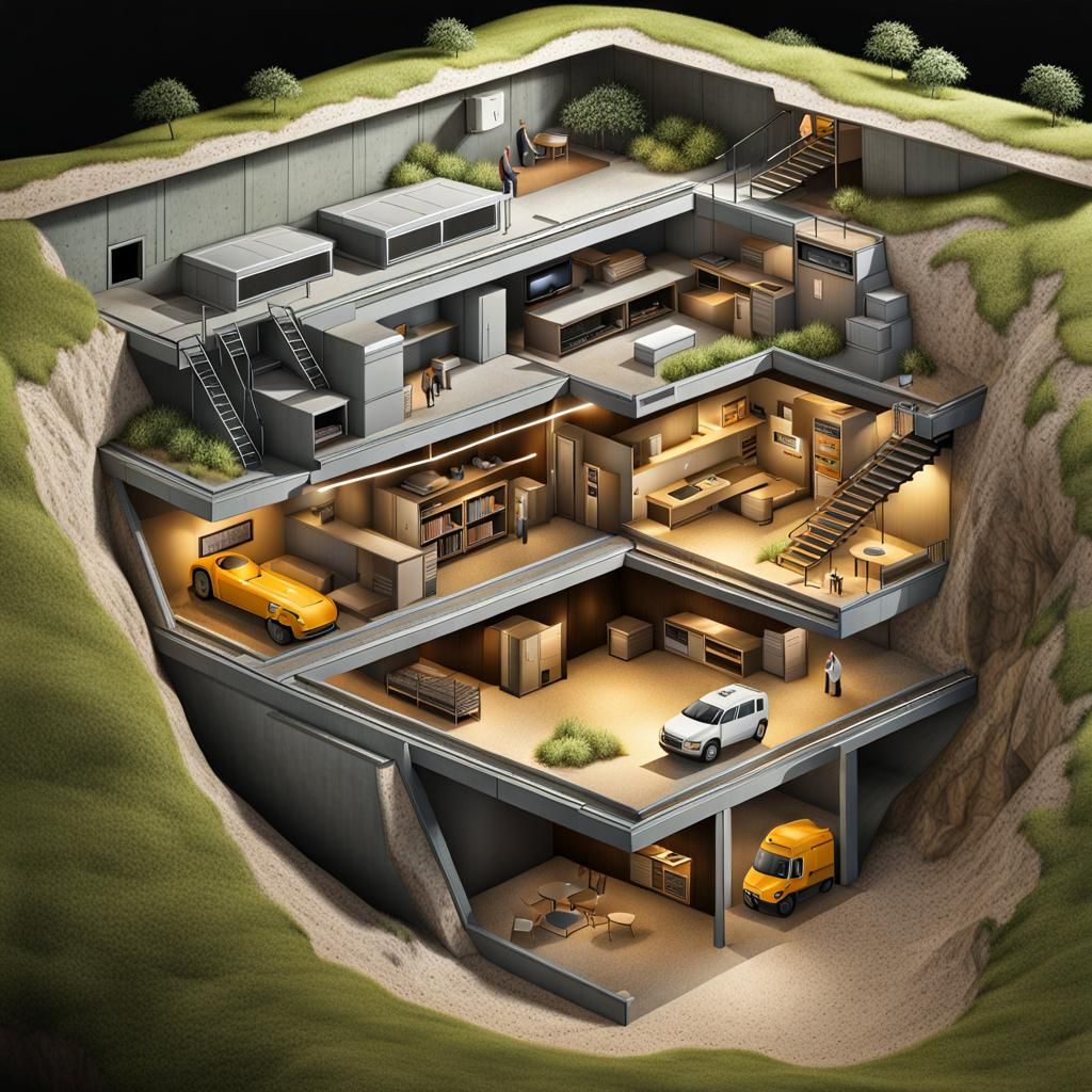 Cutaway side view technical illustration of a underground doomsday bunker - AI Generated Artwork ...