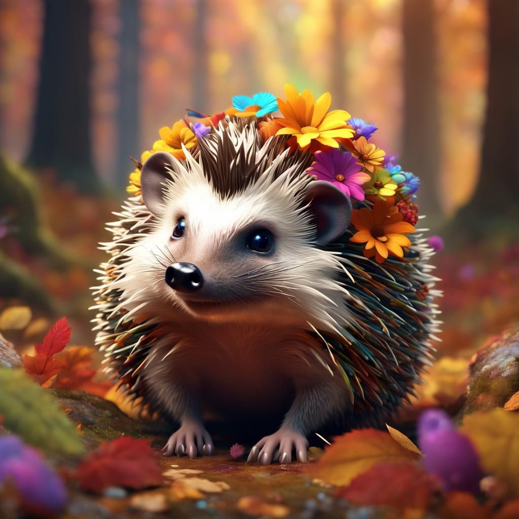 hedgehog cute in autumn forest with rainbow flowers in hair - AI ...