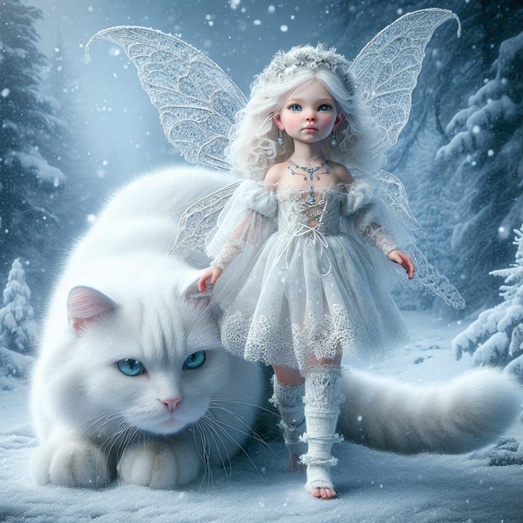A beautiful little fairy with her cat