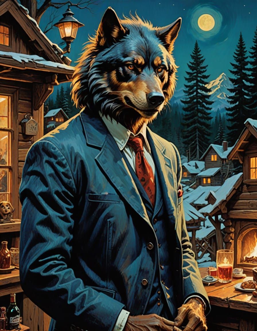 Cozy Kitsch Werewolf Mafia Wilderness Scene in Imp... - AI Art