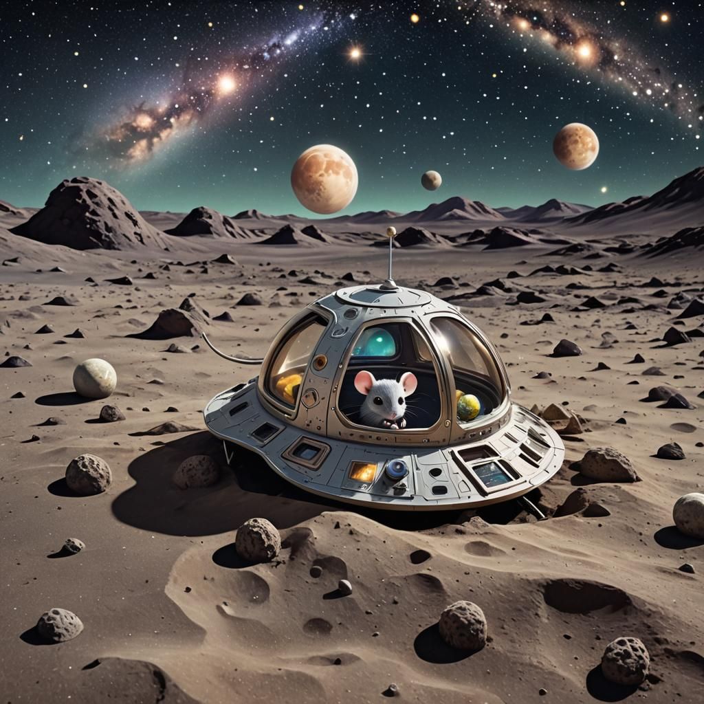 alien mouse in mini spaceship on the moon surface, starry night sky ...