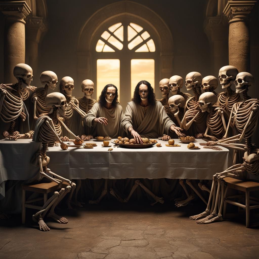 12 human skeletons pose to recreate The Last Supper in the style of ...