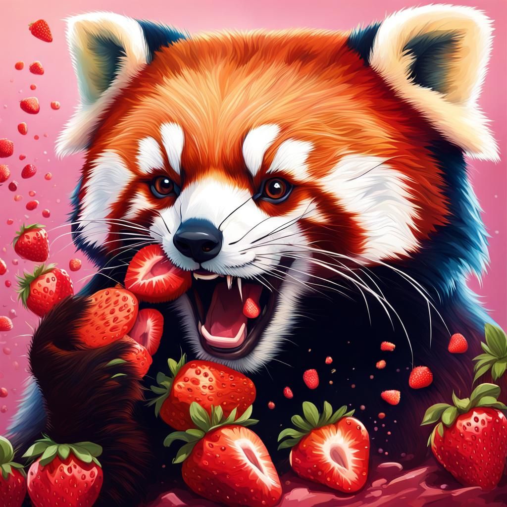 an red panda eating a strawberry and making a mess on its face - AI ...