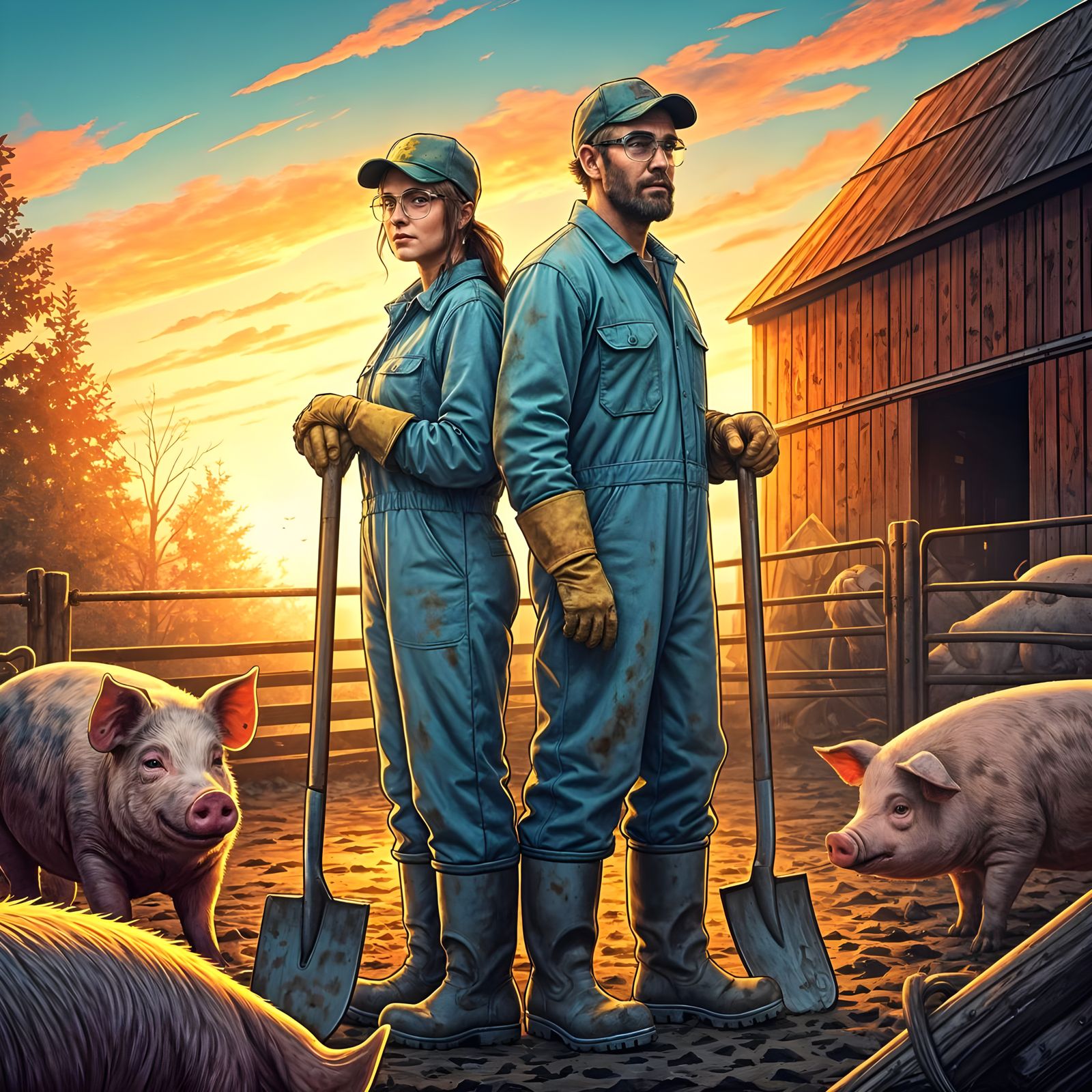 Dirty Jobs - Weathered Farmer Couple in Muddy Rural Landscap...