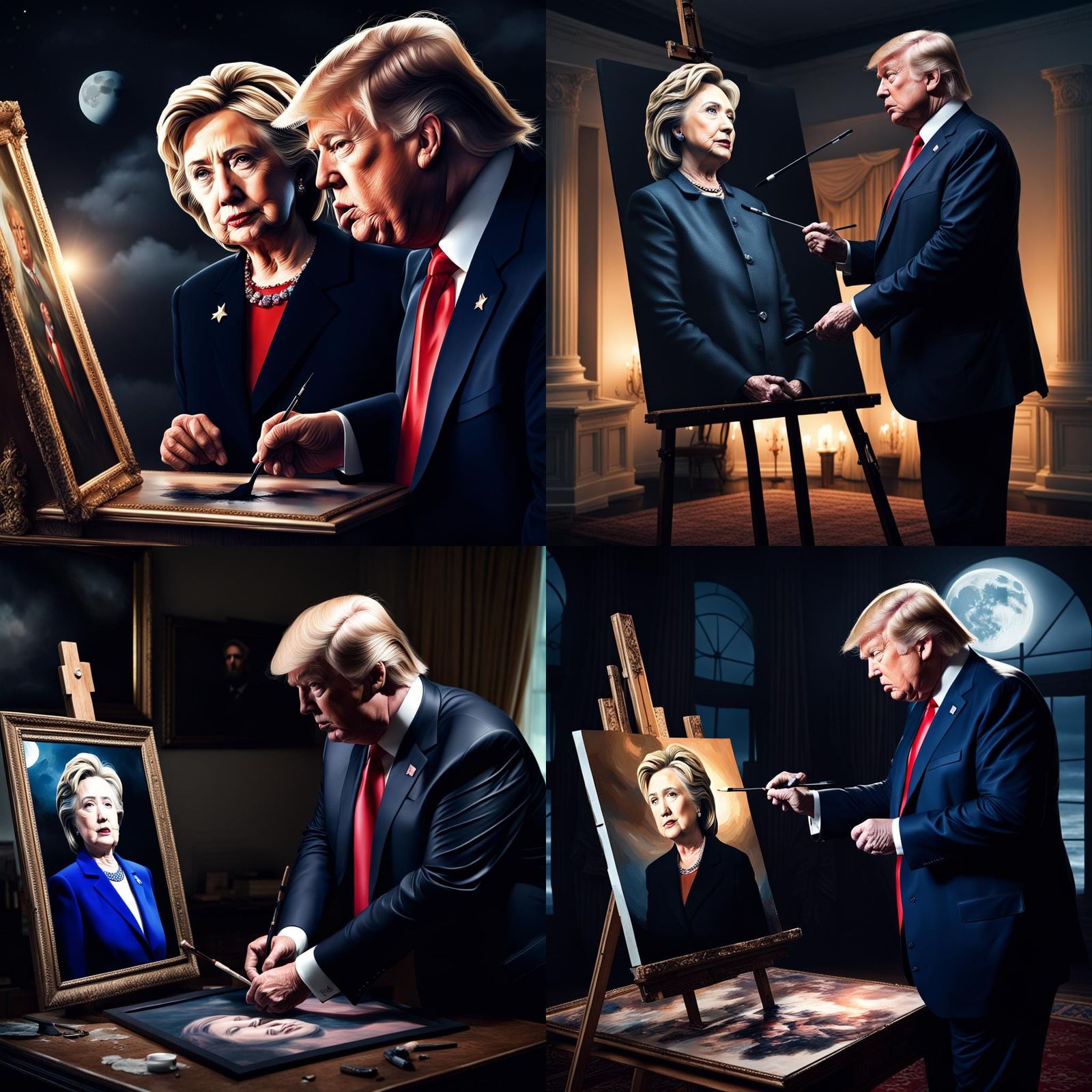 Donald Trump painting a portrait of Hillary Clinton in the moonlight ...
