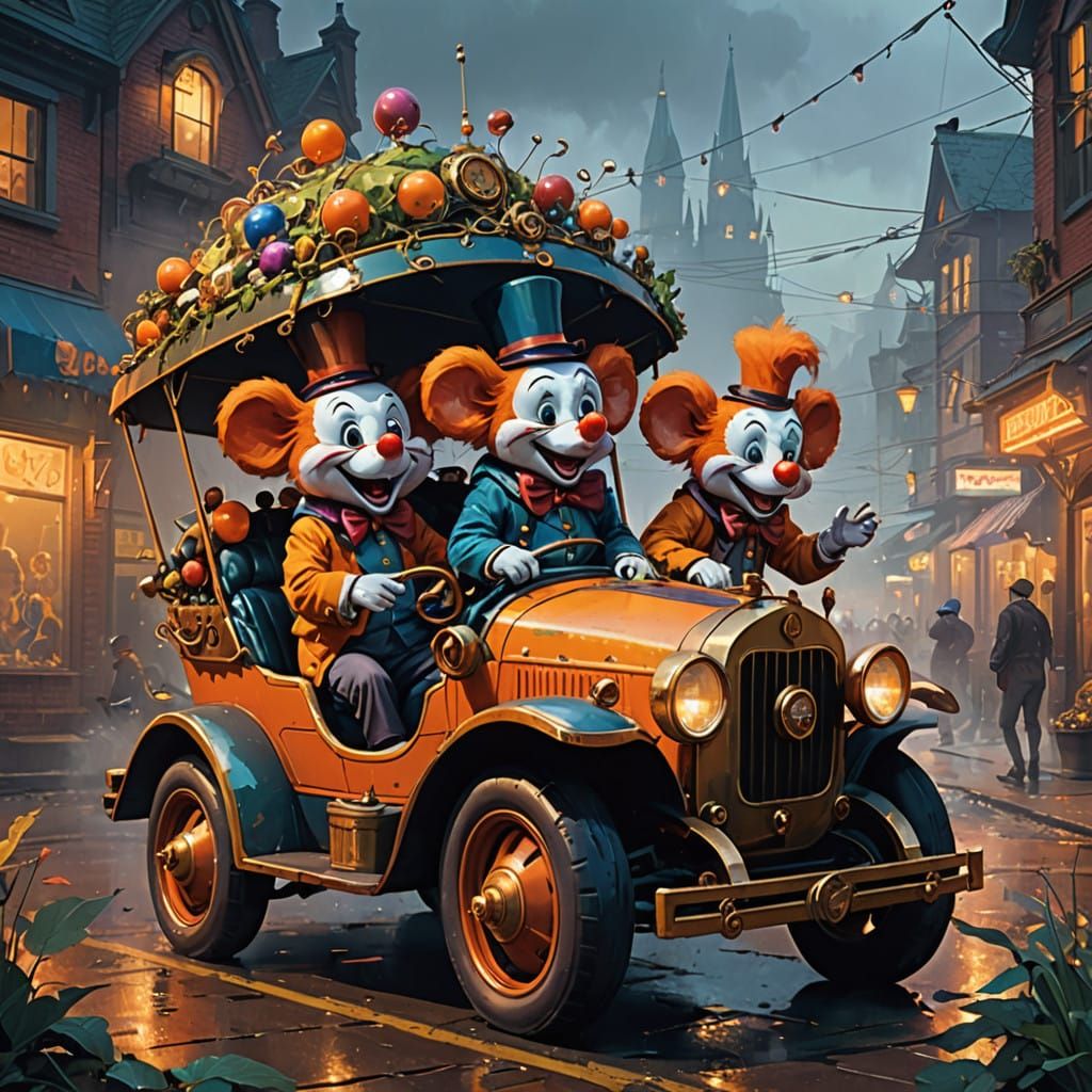 Vibrant Mice in a Whimsical Clown Car - AI Art