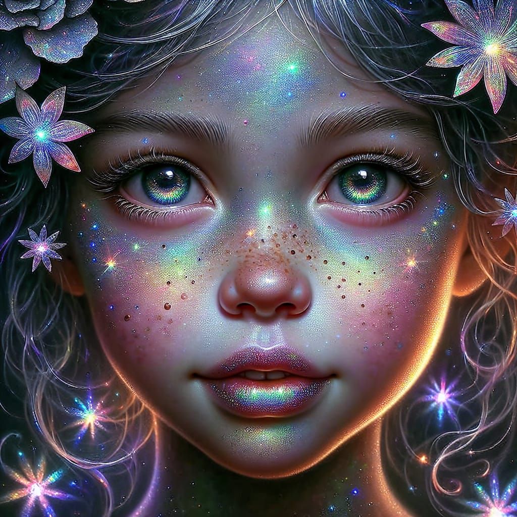 a starlight child, nebula colored eyes glimmering iridescent ...