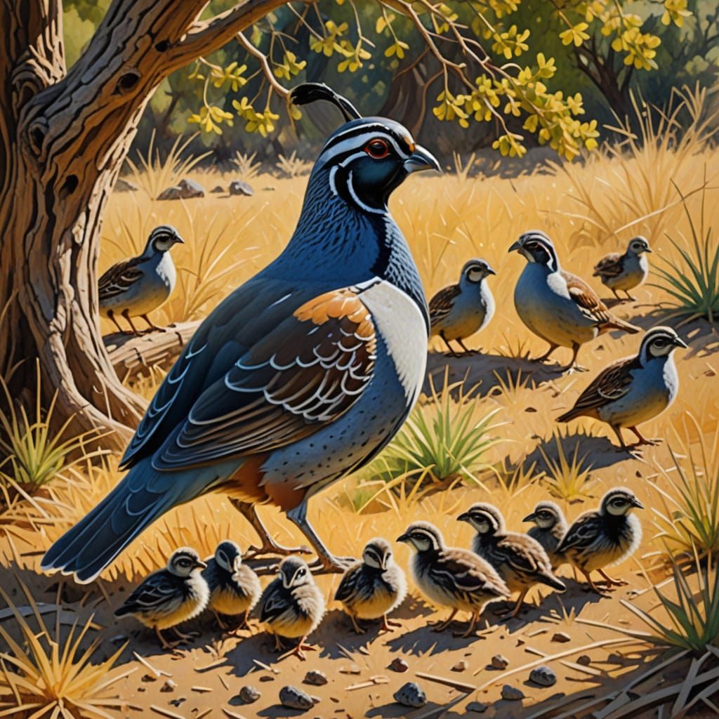California Quail - Quail Family Basks in Golden Oak Shade