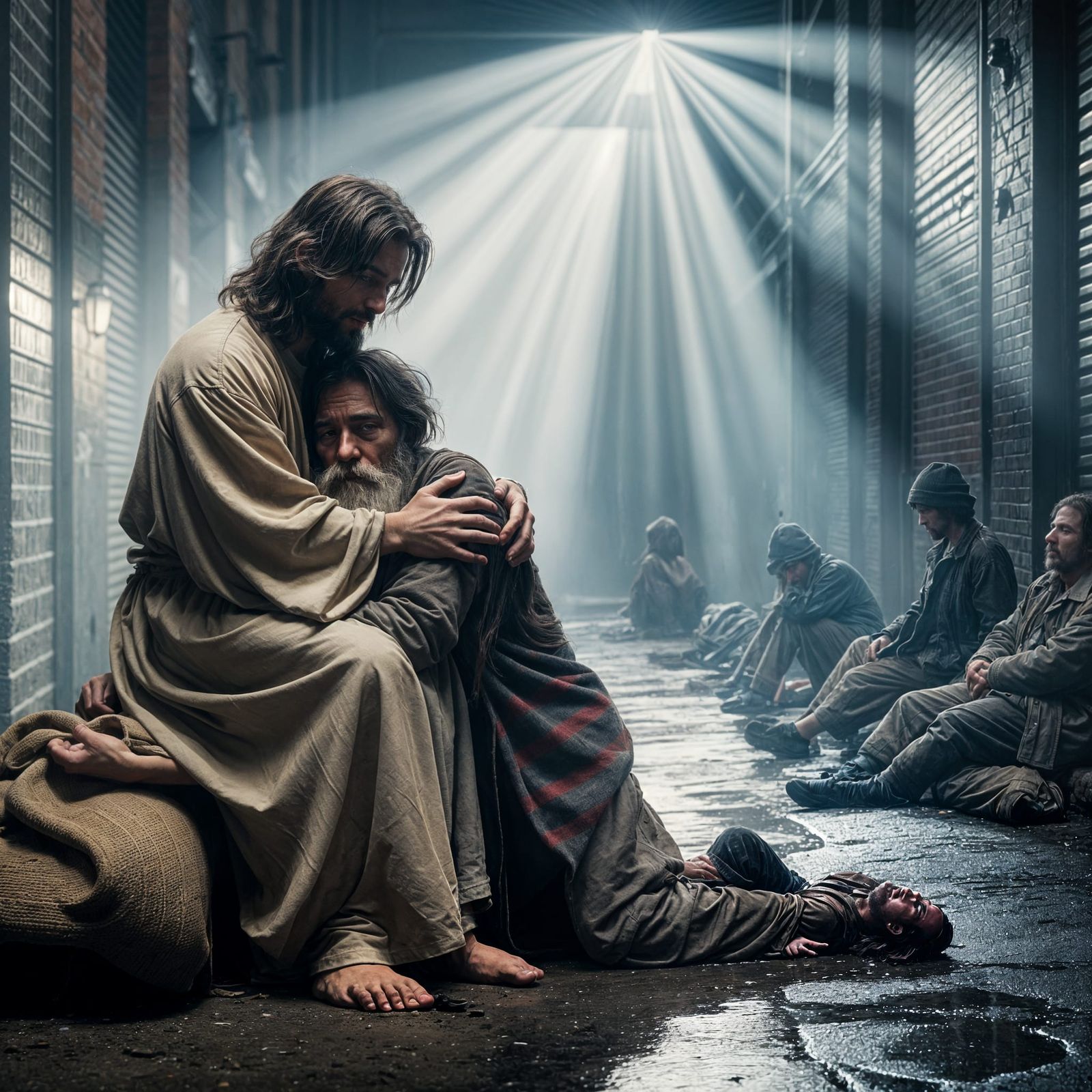 Compassionate Figure Hugs Homeless Man in Gritty U... - AI Art