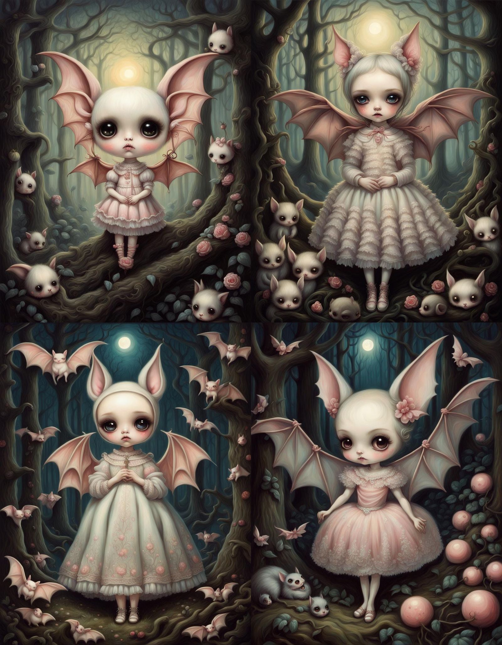 Cute bat by Mark ryden; in a dark forests at night, complex composition ...