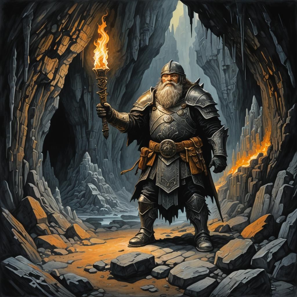 Dwarven knight carrying a torch, in a dark black cave with stalactites ...