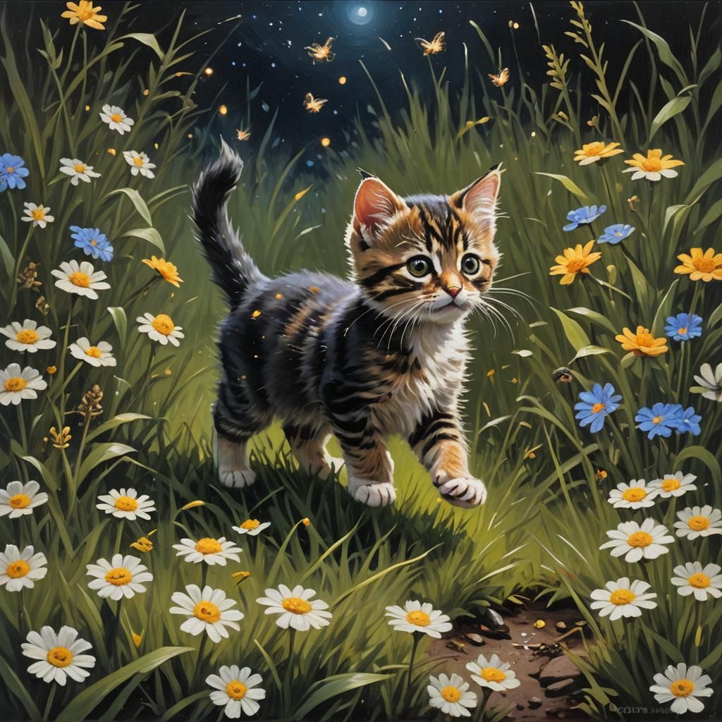 Side view of a super cute baby kitten chasing fireflies at night in a ...
