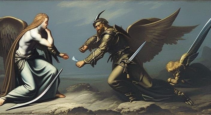 an angel and a demon meet in combat over a person kneeling and praying ...