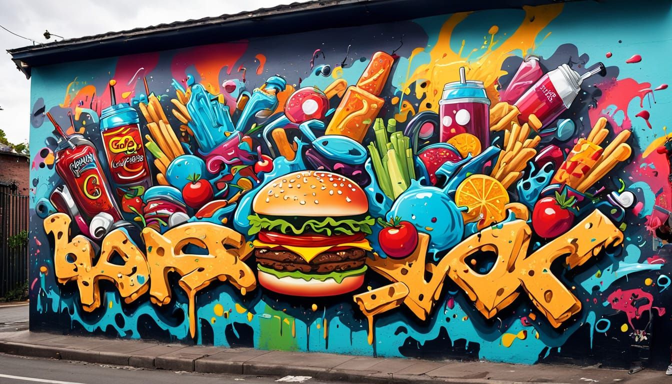 Vibrant Fast Food Graffiti Scene with Melting Text... - AI Art