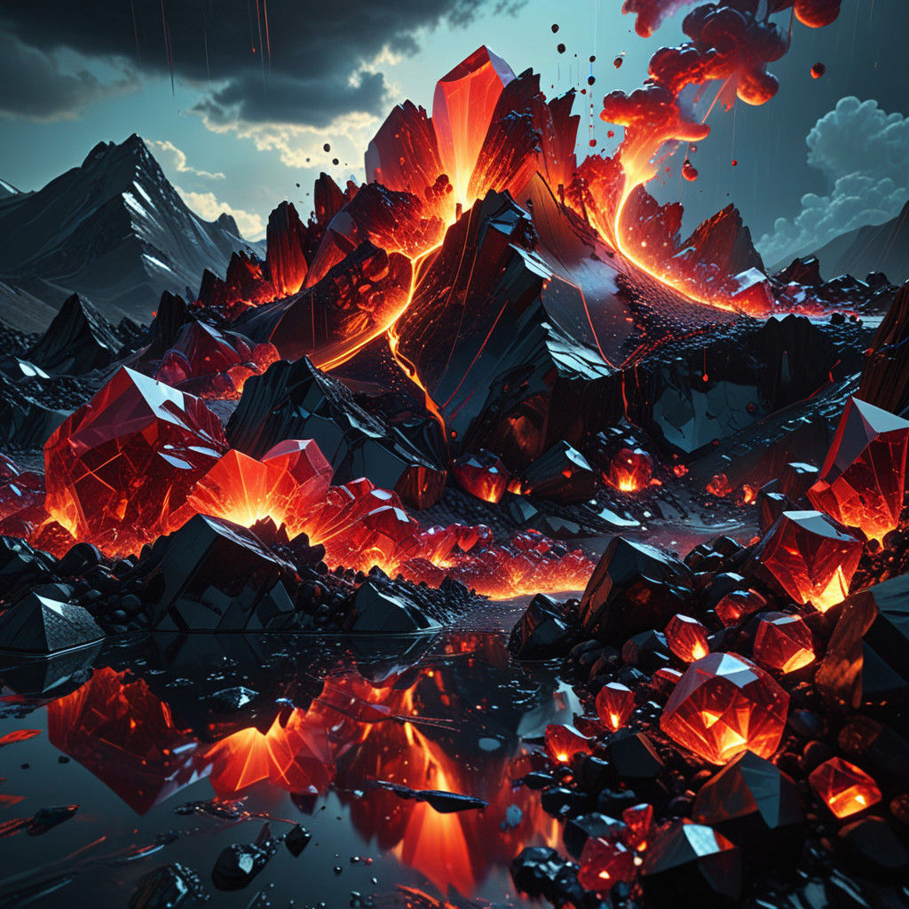 Gemstone Landscapes: Obsidian, Amber and Ruby Volcano