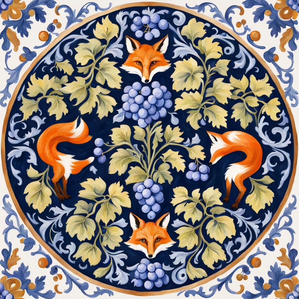delft-style circular bordered pattern with fox holding stem of bunch of ...