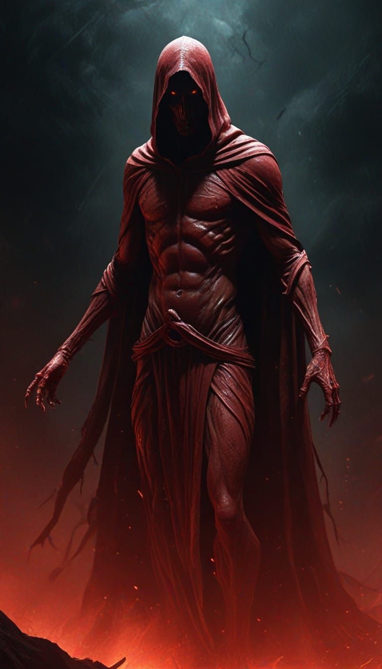 "A dark and twisted figure, shrouded in a crimson mist, beckons forth ...