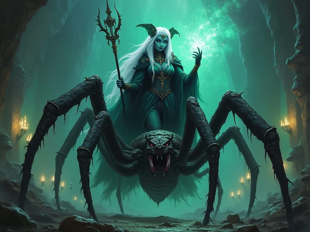 Elegant Drow Mage Rides Giant Spider in Dark, Ench... - AI Art