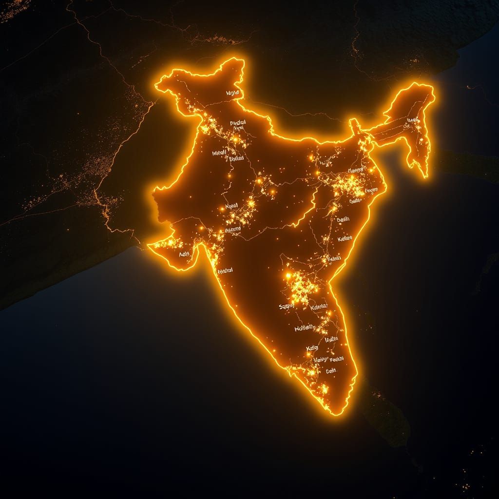 A breathtaking NASA satellite view of India at night, enhanced with a ...