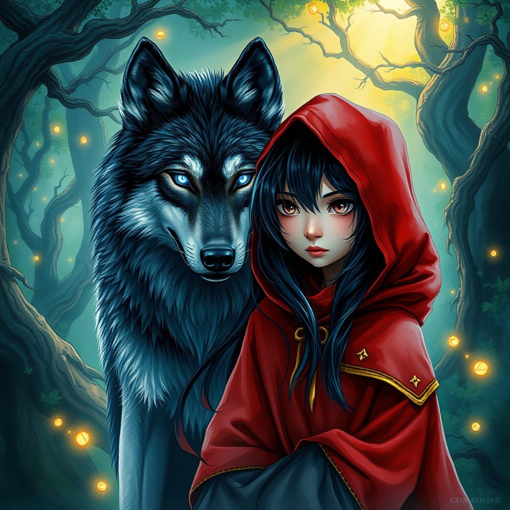 hyper detailed Watercolor and oil painting, a wolf with glowing cybertech eyes.The fur should ...