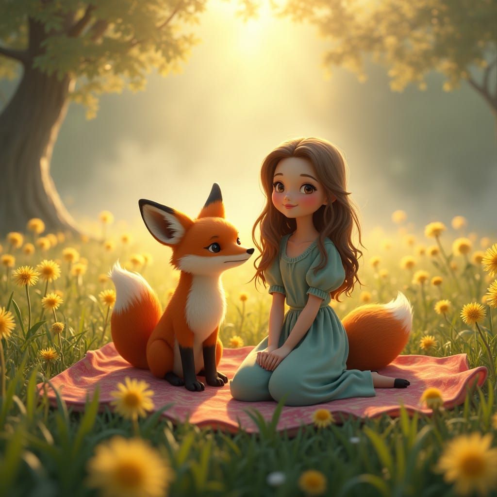 Fox and Owner in Enchanted Dandelion Field - AI Art