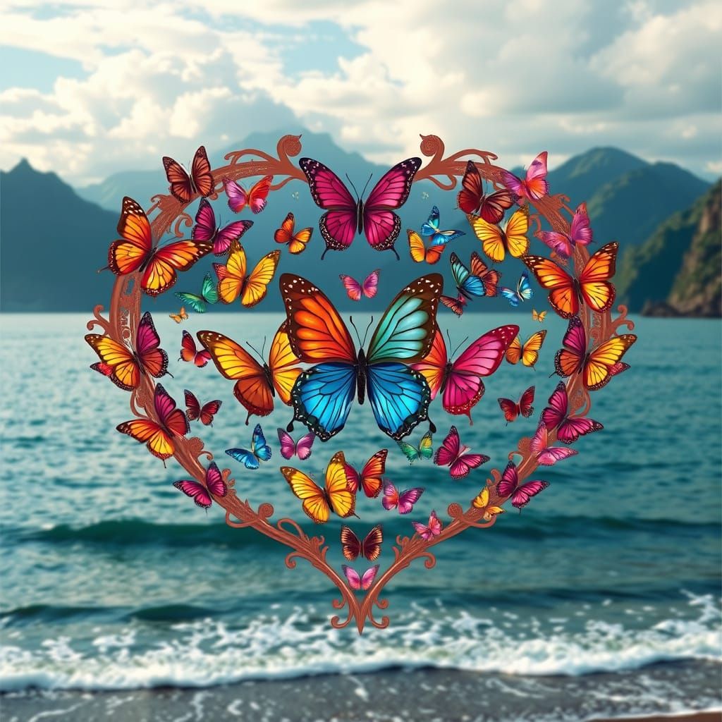 Symmetrical Heart Filled with Iridescent Butterfli... - AI Art