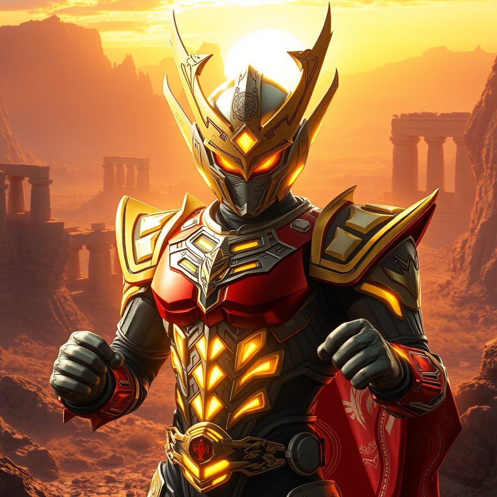 Ethereal Golden Kamen Rider Stands in Futuristic R... - AI Art