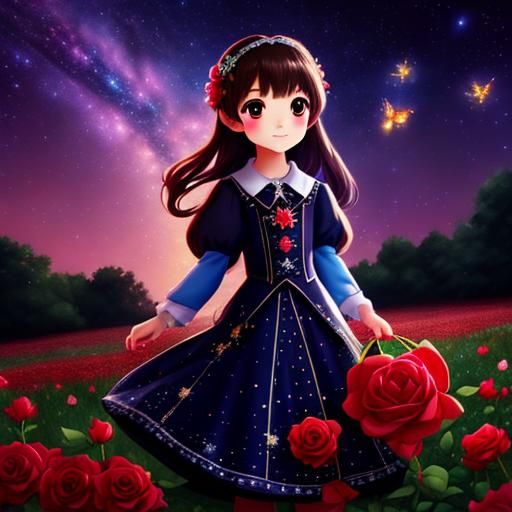 Fairy princess, Red roses field, fireflies, stary night sky, milky way ...